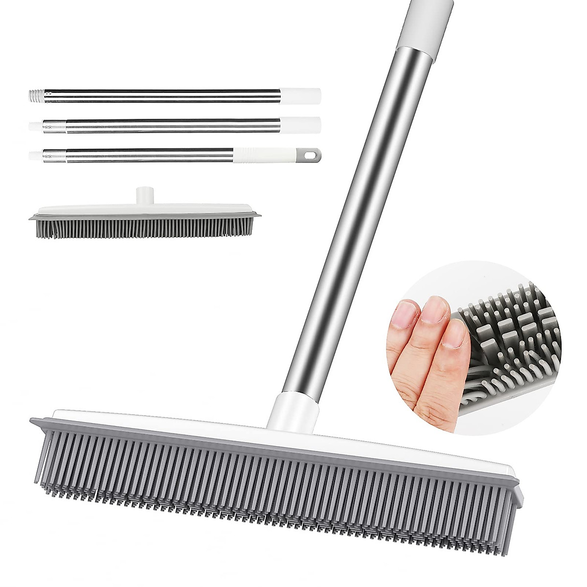 YFJQTZX Push Broom Pet Hair Removal Broom with Squeegee, Soft Silicone Bristle Broom with 47" Adjustable Long Handle, Non Scratch Carpet Sweeper Brush for Cat/Dog Hair Hardwood Tile Windows