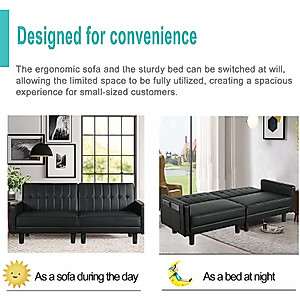 SAMERY Futon Sofa Bed Couch and Sleeper Sofas for Living Room, Faux Leather Convertible Folding Sofa Bed Couch and Loveseat for Small Space with Side Pockets Armrest and Sturdy Legs (Black)