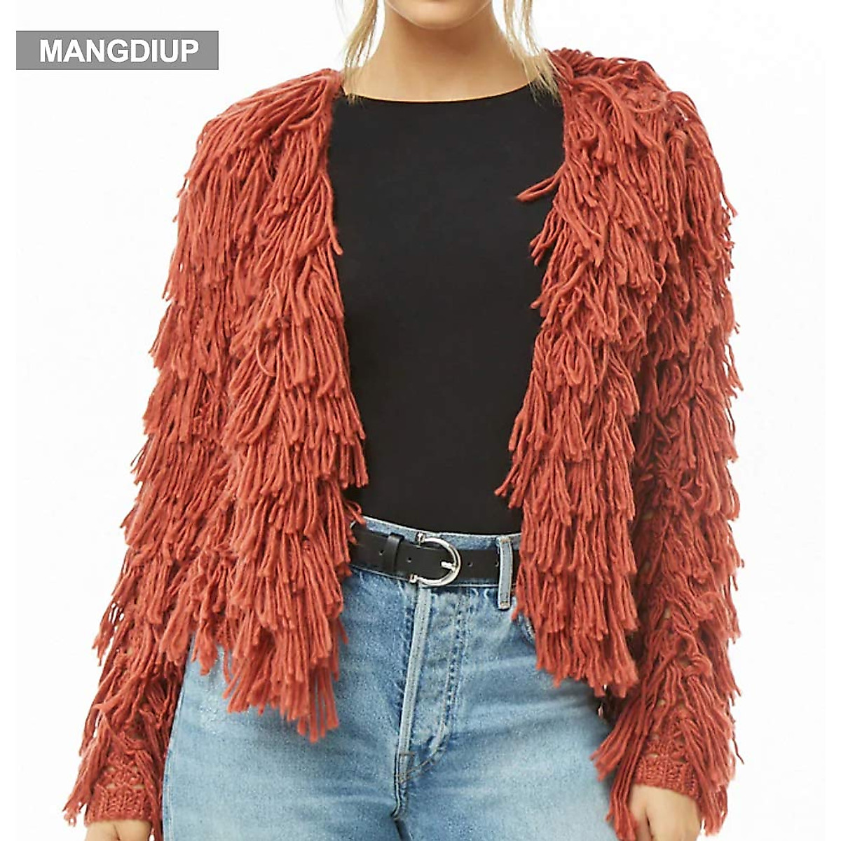 MANGDIUP Women's Round Collar Long Sleeve Elastic Bodysuit Jumpsuit (Black, XXL)