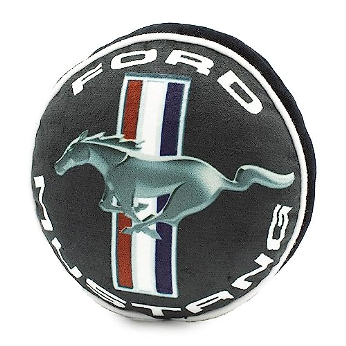 Buckle-Down Pet Plush Squeaker Toy - Ford Mustang Tri-Bar Logo/Script Round