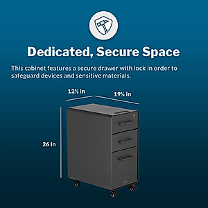 Vari Slim File Cabinet - Three Drawer Office Filing Cabinet - Compact, Mobile Pedestal with Heavy-Duty Steel - Home or Office Lockable Storage Cabinet with Roll-and-Lock Caster Wheels (Charcoal Grey)
