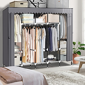 LOKEME Portable Closet, Great Size 82-Inch Portable Wardrobe with 5 Hanging Areas and 10 Storage Shelves for Hanging Clothes, Extra Sturdy 25mm Steel Tube and Easy to Assemble, Grey