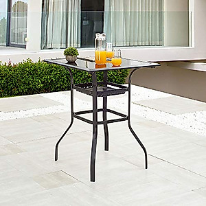 LOKATSE HOME High Outdoor Patio Bar Height Glass Top Table, Black