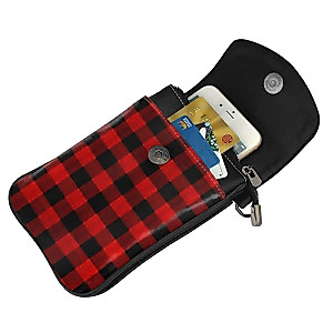 YongColer Fashionable Red Black Buffalo Check Plaid Pattern Cell Phone Small Shoulders Bag Crossbody Pouch Smartphone Outdoor Pack For Travel Work Shopping Walking