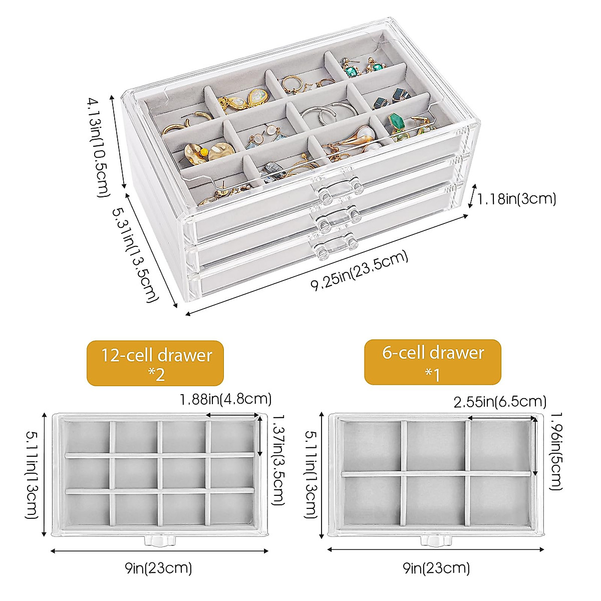 ProCase Earring Holder Organizer Jewelry Box with 3 Drawers, Acrylic Clear Earring Case with Adjustable Velvet Trays for Women - Grey, 3 Layers