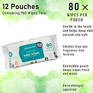 WipEssentials Baby Wipes unscented (for Sensitive Skin) 960 Count - 12 Pack of 80 Count