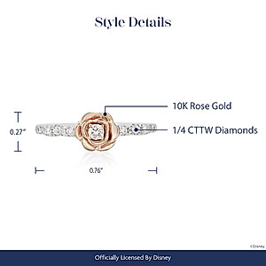 Jewelili Enchanted Disney Fine Jewelry Sterling Silver and 10K Rose Gold With 1/4Cttw Diamond Belle Rose Ring
