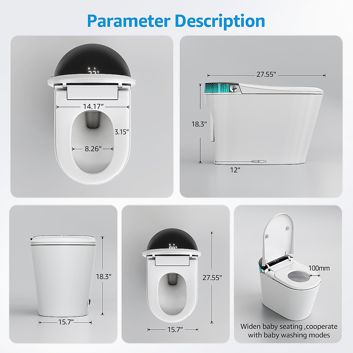 Smart Toilet with Build-in Bidet Seat, Tankless Toilet with Auto-Opening and Closing Lid, Auto Flushing, Heated Seat, Warm Water Bidet, Air Dryer, LED Display, and Remote Control
