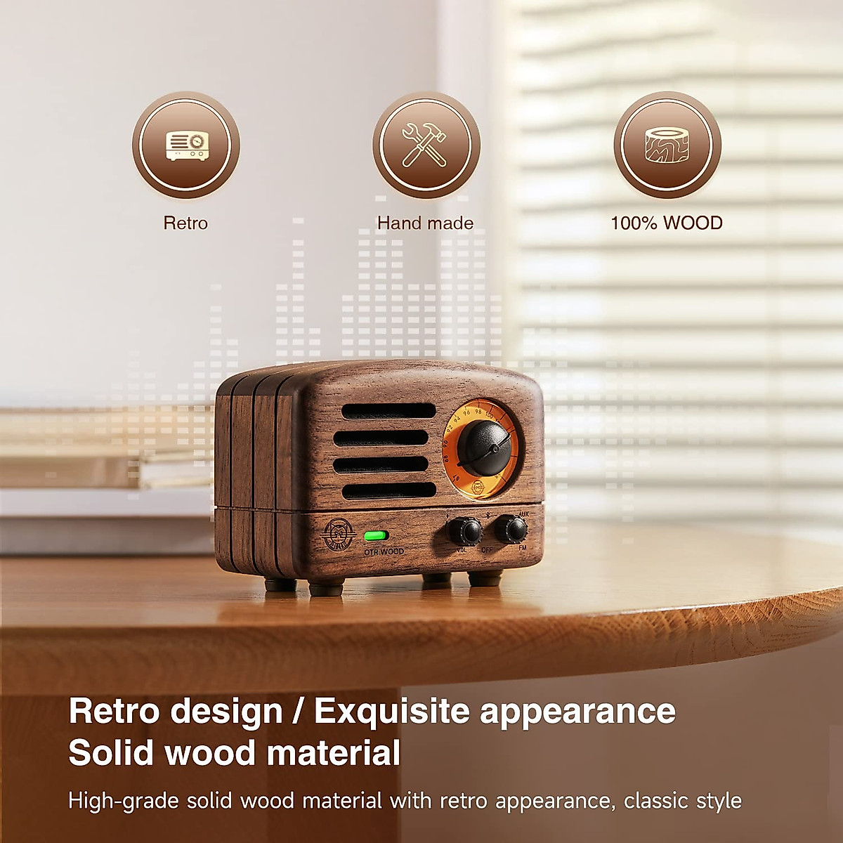 Muzen Portable Bluetooth Speaker, OTR Wood Vintage Small Wireless Speaker, FM Radio with Antenna AUX, 10h+ Long Playtime, High Fidelity Stereo Audio with Suitcase, for Gift Home Picnic