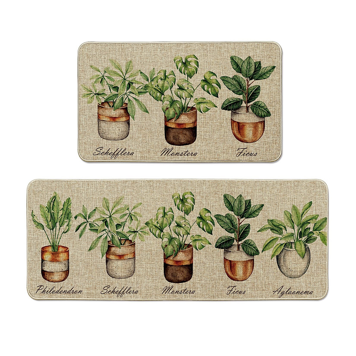 Artoid Mode Schefflera Monstera Ficus Summer Kitchen Mats Set of 2, Hello Sunshine Home Decor Low-Profile Kitchen Rugs for Floor - 17x29 and 17x47 Inch