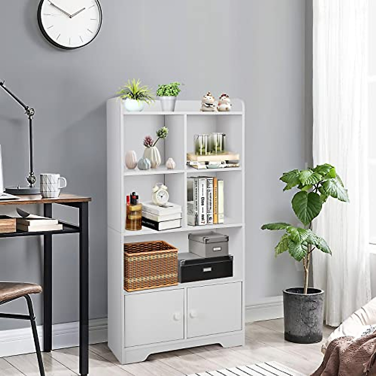 Giantex 4-Tier Bookcase with Doors, 47.5" Tall Freestanding White Bookshelf with 3 Shelves, 4 Cubes Storage Cabinet Organizer for Kids Room Office Living Room Bedroom Study