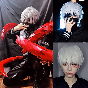 ANOGOL Hair Cap+ Short White Wig for Men Silver White Men's Cosplay Wig Short Silver Mixed White Anime Wigs with Bangs Ivory Hair Straight Fluffy Silvery Halloween Wigs Christmas Party Costume