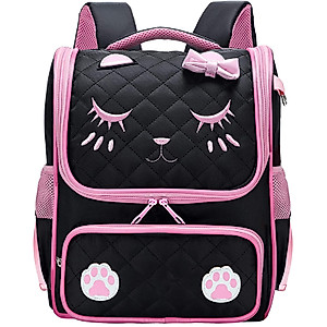 FEWOFJ Cute Cat Face Backpacks for Teen Girls, Kids Backpack for Toddler Girl Preschool Bookbags Elementary School Bags - Black