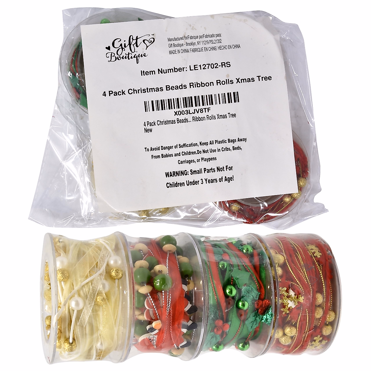 Gift Boutique 4 Xmas Beads Ribbon Rolls Xmas Tree Trim Rope 16.5 Feet Pearl String Bead Ribbon 66 Feet Total for Garland Bow Wreath Gift Wrapping & Packaging Crafts Ornament Wedding Party Craft Décor