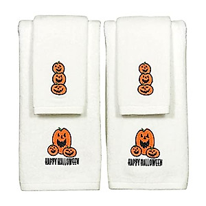 Serafina Home Decorative Halloween Tip Towels: Plush White Embroidered Cotton Jack O Lantern Pumpkin Design, 2 Piece Set, 11" x 18" Inch Each
