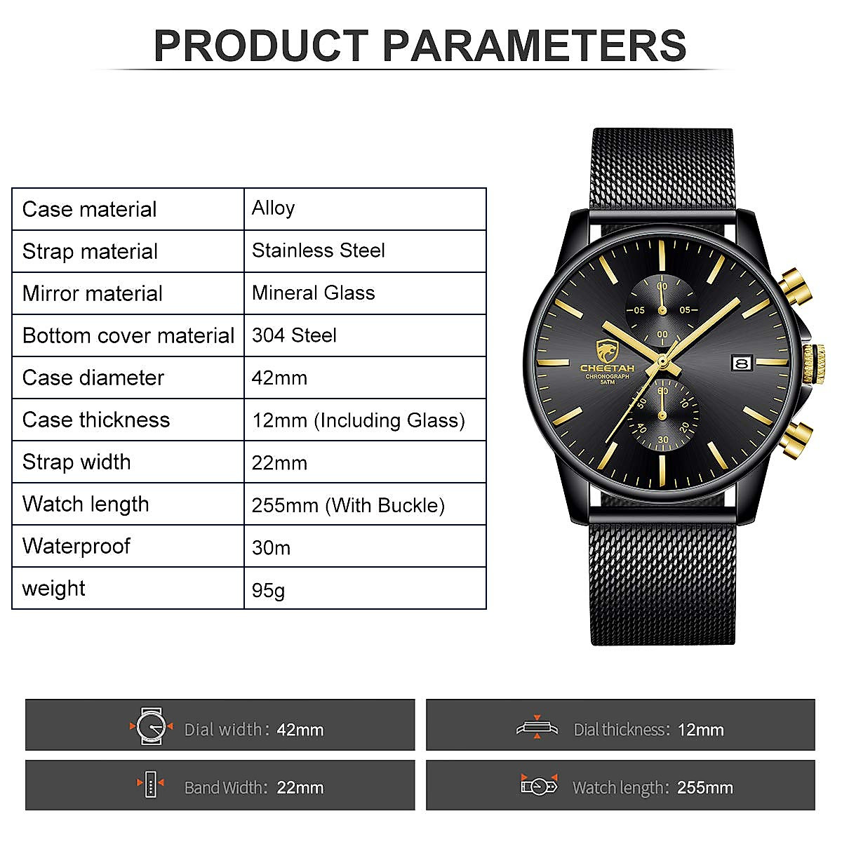 GOLDEN HOUR Men’s Watch Fashion Sport Quartz Analog Mesh Stainless Steel Waterproof Chronograph Watches, Auto Date in Gold Hands, Color: Black