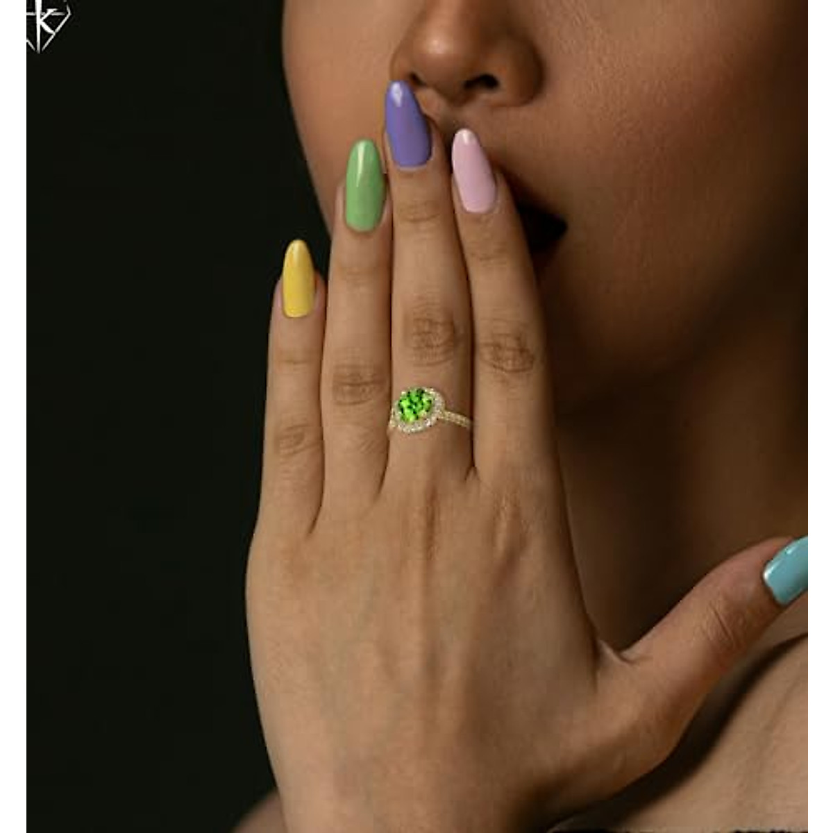 Takar Dainty 14k Yellow Gold Round Cut Genuine Peridot and Diamond Engagement Band Ring (Size 6.75)