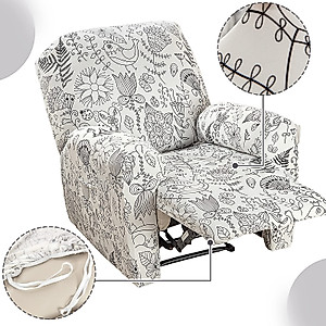 Stretch Recliner Cover Printed Chair Slipcovers 4 pcs in 1 Set Recliner Covers with Pockets 1 seat Printed Fallon Collection Slipcover Recliner Furniture Protector, Elastic Bottom (Wild Flower, 1 Set)