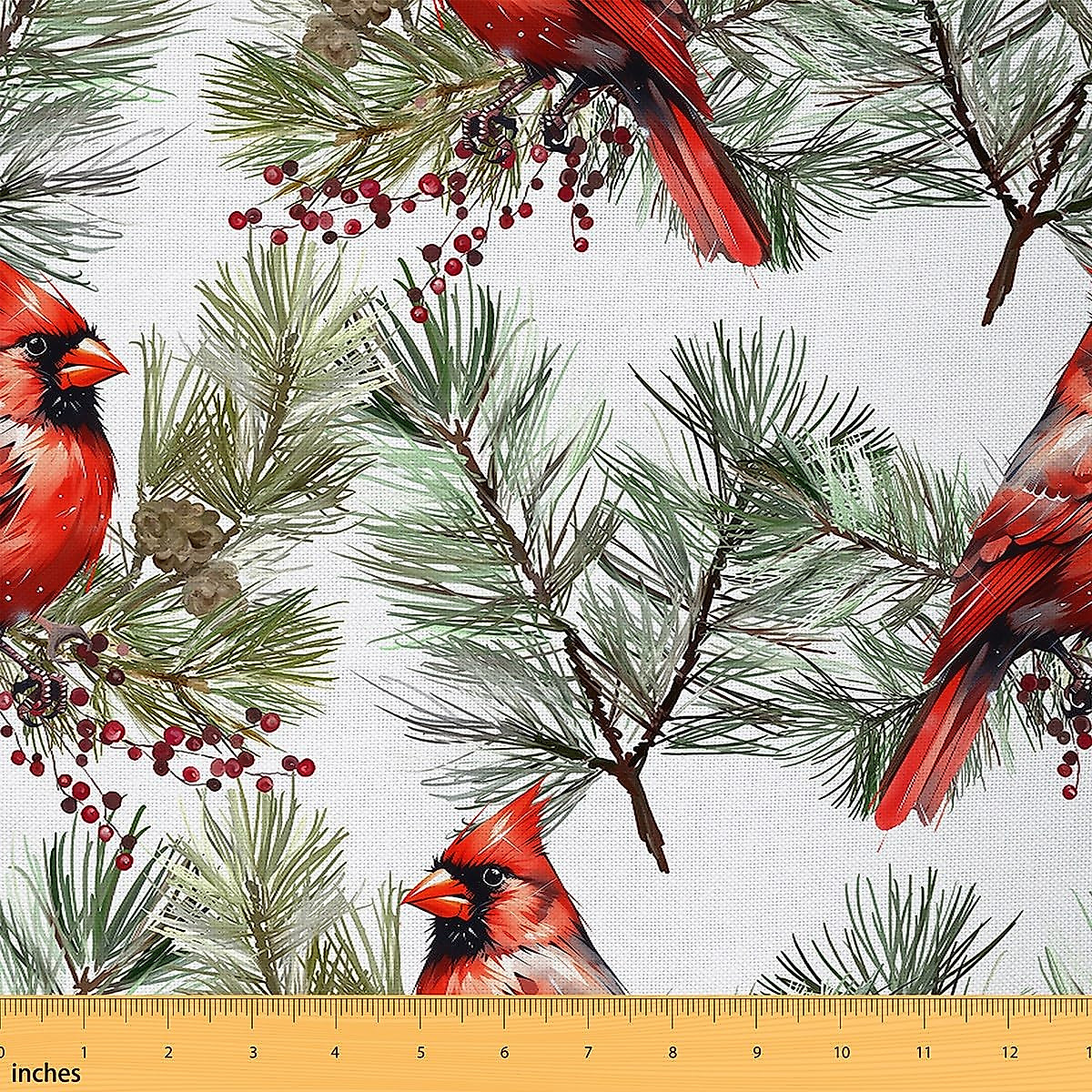 Bird Fabric by The Yard, Pine Tree Upholstery Fabric, Branches Wild Animals Botanical Decorative Fabric, Plants Berry Indoor Outdoor Fabric, Nature DIY Art Waterproof Fabric, Red Green, 1 Yard