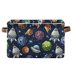 Kigai Collapsible Storage Basket with Handles, Cartoon Rocket Ship Canvas Fabric Storage Bins Toys Clothes Organizer for Bedroom, Nursery, Shelves, Closets (1PACK)