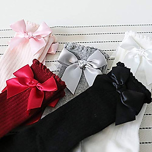 BSMTEBN 5Pairs Baby Kids Cotton Soft Breathable Knee-High Over Calf Socks Girls Striped Bowknot Bow Cute School Socks Infant Newborn Leg Warmers Stockings (M(2-4 Years))
