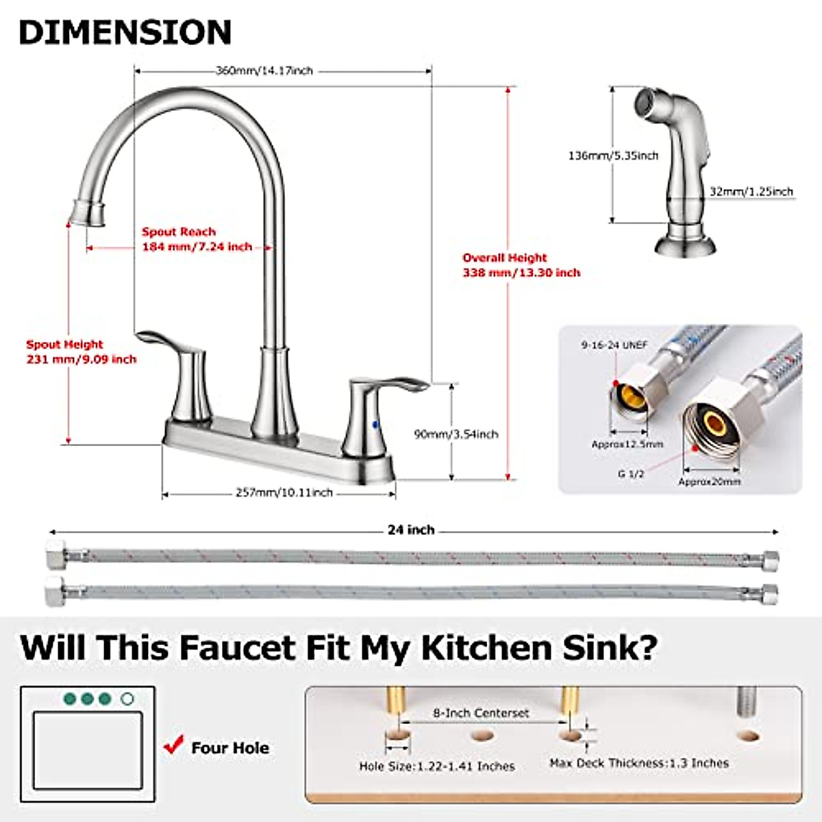 PARLOS 8 Inch Two Handles High Arch Kitchen Sink Faucet with Side Sprayer & Supply Lines, Brushed Nickel, Demeter 14138