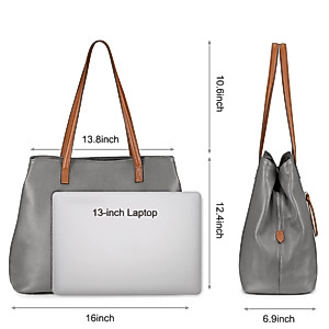S-ZONE Leather Tote Bag for Women with Zipper Soft Genuine Leather Handbags Shoulder Bags Big Large Capacity Grey