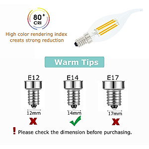 Lamsky E14 LED Bulb European Base 4W LED Chandelier Light Bulbs Dimmable 40W Equivalent,Flame Tip Candelabra LED Bulbs,110V 2700K Warm White,6 Pack