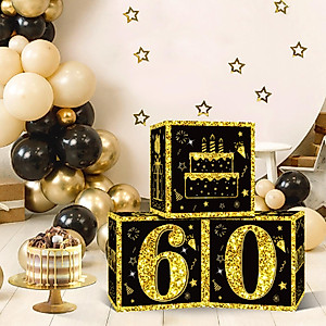 3pcs 60th Birthday Decorations Boxes for Men Women, Black Gold Happy 60 Birthday Balloons Boxes Party Supplies, 60 Year Old Bday Theme Cardboard Box Decor