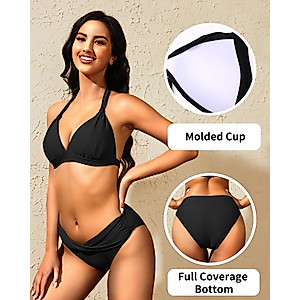 Yonique Women Two Piece Bathing Suits Push Up Bikini Set Halter Swimsuit Vintage Swimwear Black S