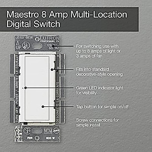 Lutron Maestro Digital Switch, 8A Single Pole/Multi Location, MA-S8AM-WH, White