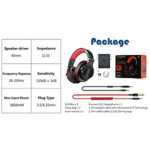 Prosonic DJ2R Over Ear Headphone, Wired Bass Headset with 40mm driver, Foldable lightweight headphones with Shareport and Mic for Recording Monitoring Mixing Podcast Guitar PC TV (Black Red)