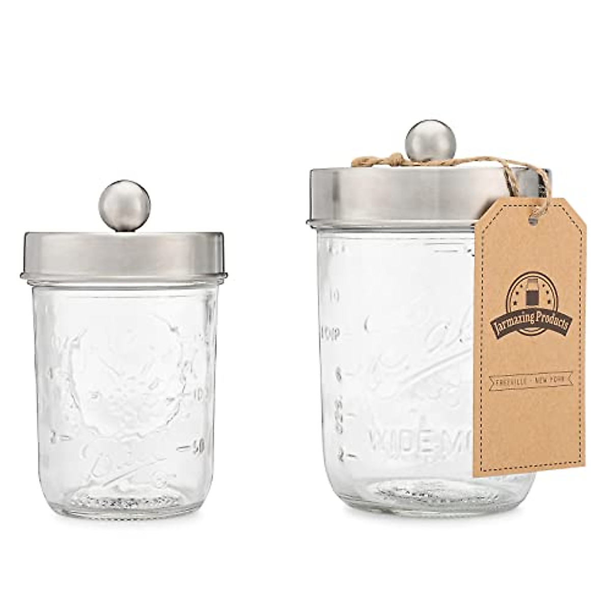 Jarmazing Products Apothecary Lid Storage Set with Ball Mason Jars - Farmhouse Home Decor for Vanity Organization - Luxury Bathroom, Kitchen and Office Accessories - Stainless Steel - Two Pack