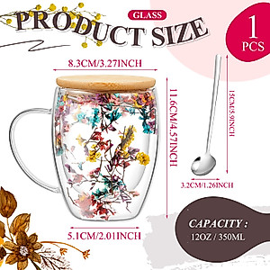 Rtteri 11.84 oz Double Wall Glass Coffee Mug with Bamboo Lid and Spoon Clear Eternal Flower Insulated Glass Coffee Mugs with Handle Double Glass Coffee Cup Glass Tea Cup for Cappuccino Latte Beverage