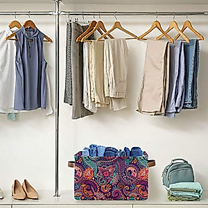 Storage Basket Cube Bohemian Paisley Purple Flower Large Collapsible Toys Storage Box Bin Laundry Organizer for Closet Shelf Nursery Kids Bedroom,15x11x9.5 in,1 Pack