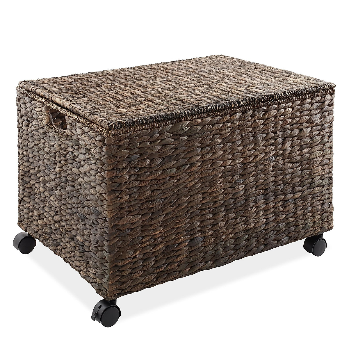 Casafield Rolling Storage Basket Cart with Lid and Locking Wheels, Espresso - Handwoven Water Hyacinth Divided Recycling Sorting Bin for Kitchen, Laundry Room, Garage