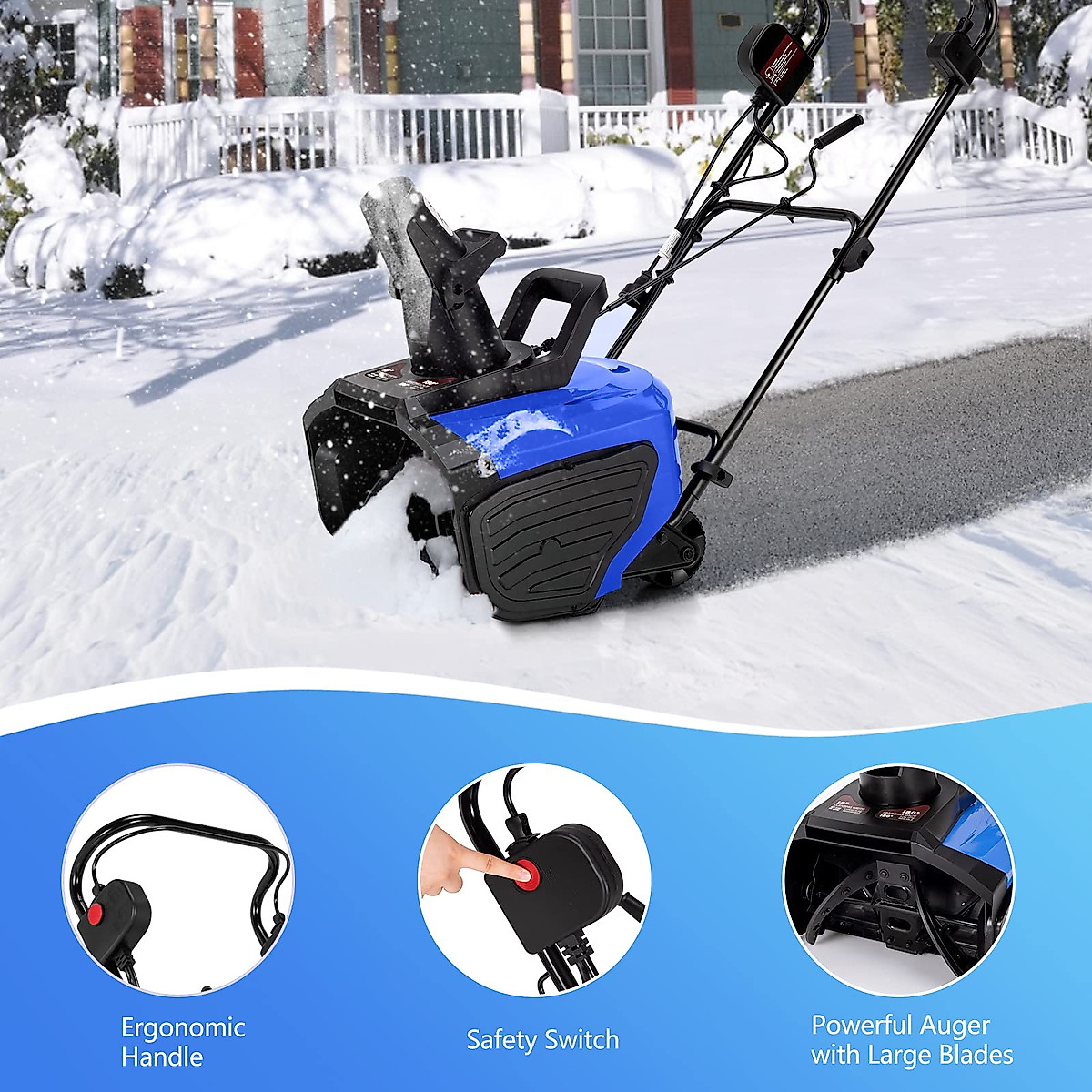 S AFSTAR Snow Blower, Electric Snow Thrower with 180° Chute Rotation & 2 Transport Wheels, 10” Clearing Depth & 18” Width, Power Snow Blower w/30 Feet Throwing Distance, 720Lbs /Minute (Blue)