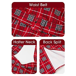 Wenrine Womens Plaid Dress Christmas Xmas Backless Halter Dresses Bodycon Belt Tie Cocktail Party Midi Dress Red