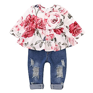 CARETOO Baby Girl Clothes Floral Print Long Sleeve Crew Neck Ruffle Top Fashion Ripped Jeans Fall Winter Toddler Girls Outfits