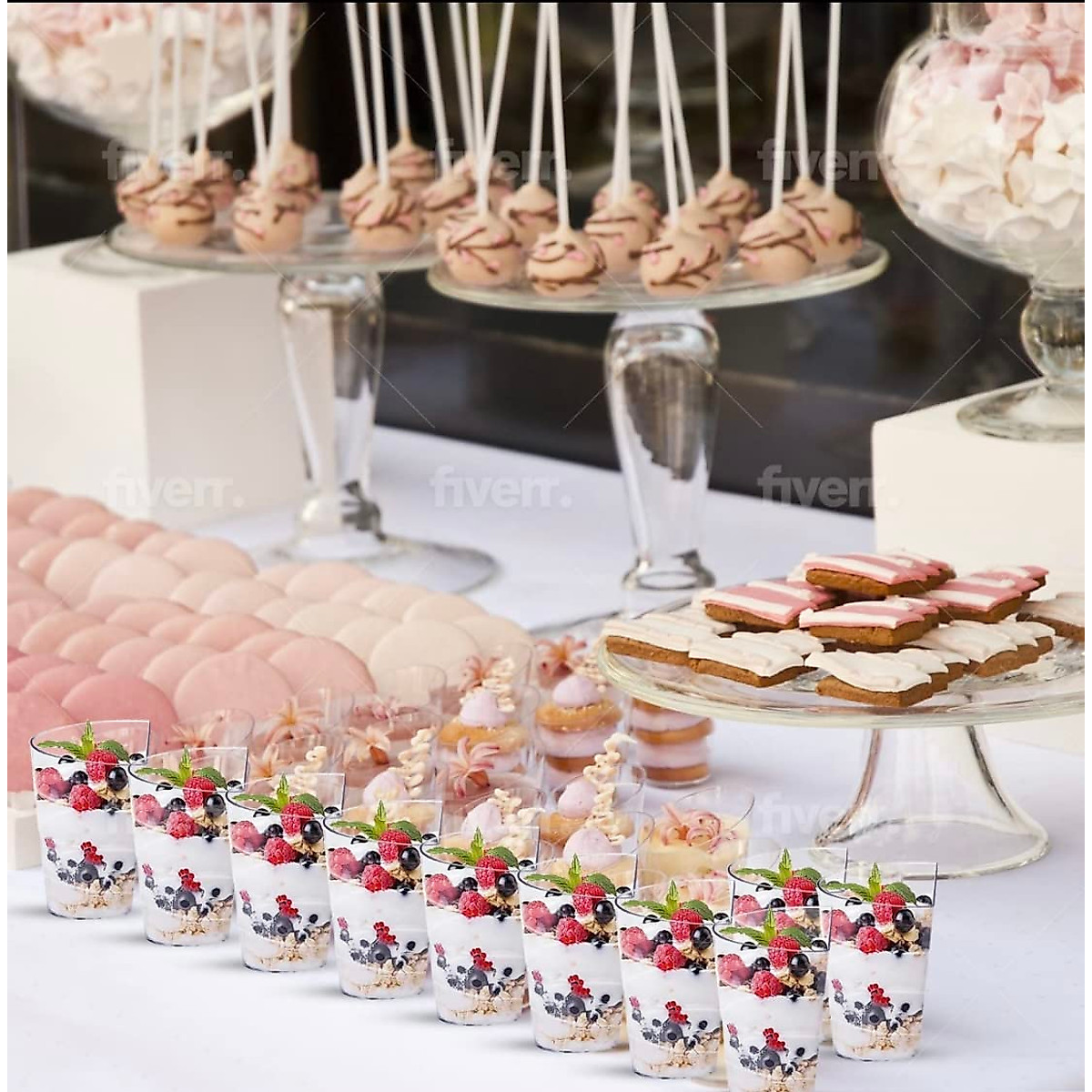 60 pack dessert cups of 3 oz, 2.5 oz and 2 oz. 3 varieties in size and shape also 20 of each shape perfect for appetizer, dessert and serving parties, plus FREE 60 spoons