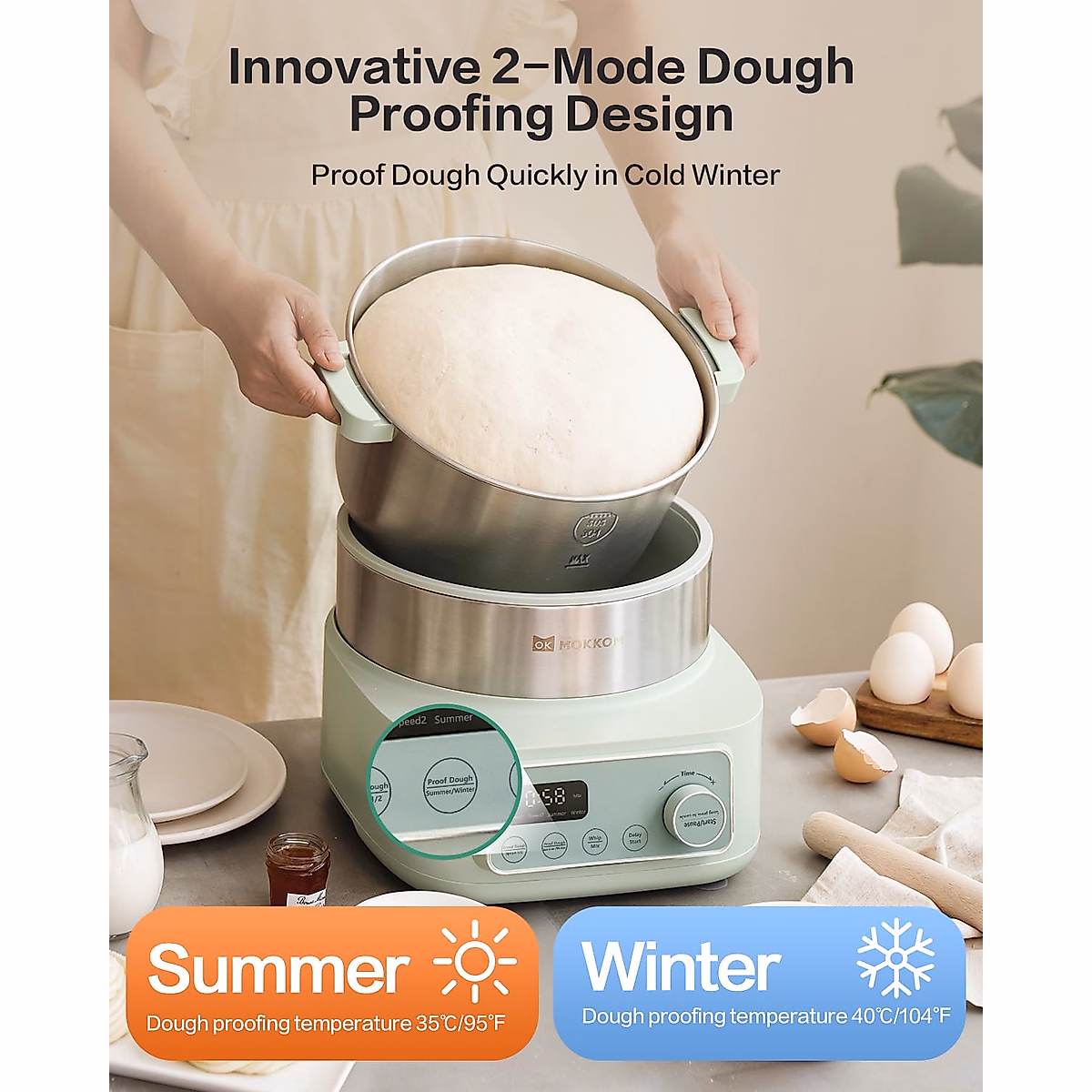 MOKKOM Electric Dough Maker with Proof Dough Function, Microcomputer Timing, 4.5Qt 304 Stainless Steel Bowl, Dough Mixer with Stuffing Blade, Green