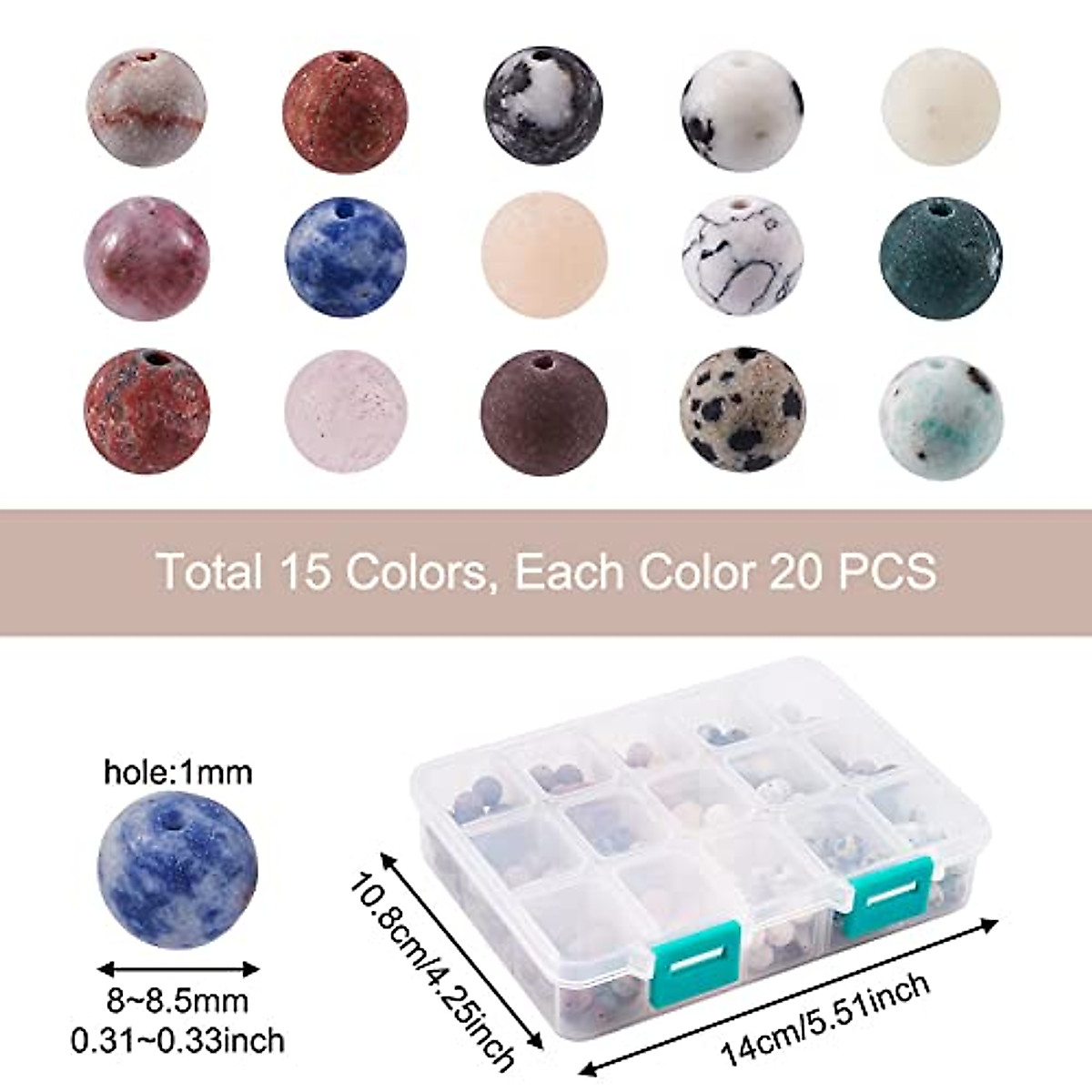 Spritewelry 300pcs 8mm Round Gemstone Beads for Jewelry Making Kit with Elastic Crystal Thread 15 Colors Natural Stone Healing Beads for Bracelets Gemstone Beading Necklace Making DIY Kit