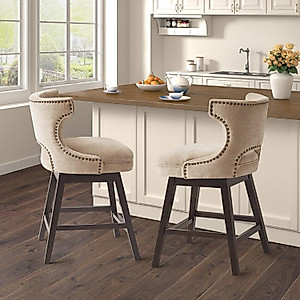 Madison Park Emmett Swivel Stool-Chic Modern, Scoop Back, Counter Height Barstool, Kitchen Island Chair Solid Wood Legs, Silver Nailhead Accent, Assembly Required, 21" W x 22" D x 37" H, Beige