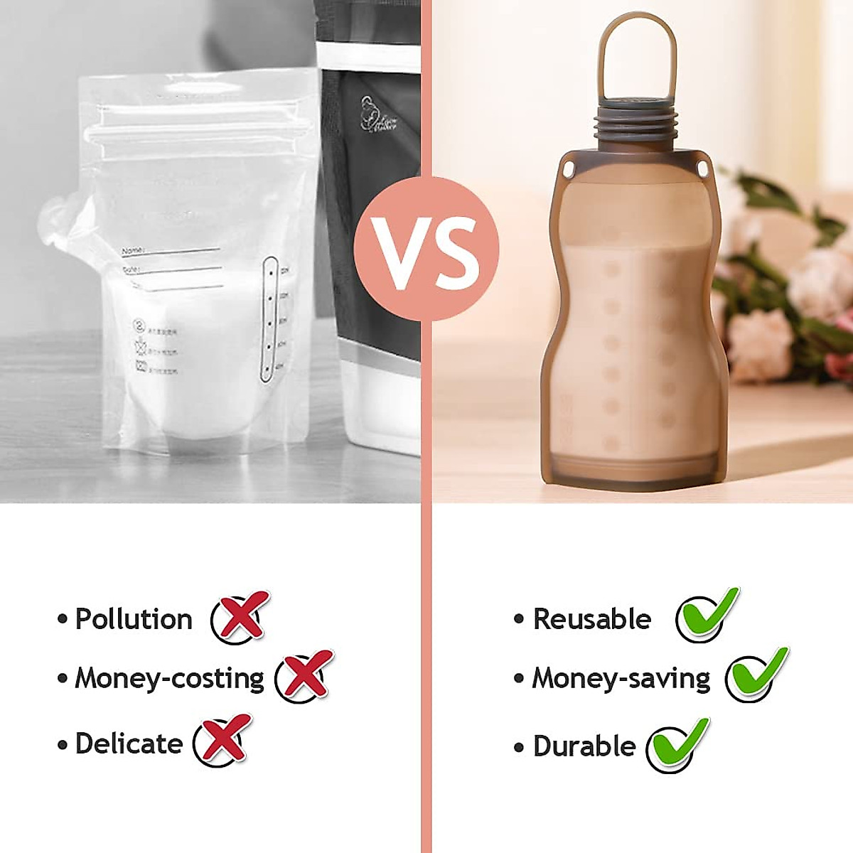 haakaa Silicone Breastmilk Storage Bag 5pk & Blush Silicone Cleaning Brush Set.