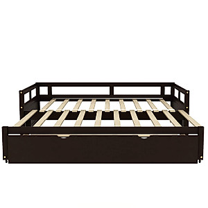 Wood Daybed with Roll Out Trundle Bed for Kids Teens Adult Extending Sofa Bed Frame with Wooden Slats Support for Small Space, Convertible Twin To King Size Design, No Box Spring Needed (Espresso)
