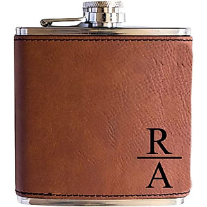 Personalized Flask For Wedding Gift. Customized Flask Gift Set. Engraved Leatherette Flask With Optional Gift Box For Groomsmen Gifts. Engraved Flask (Rawhide)