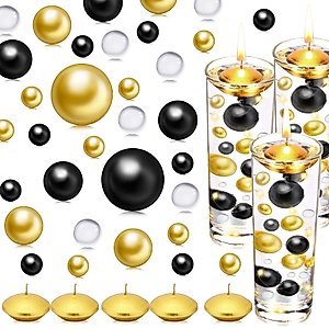 Lounsweer 20000 Pieces Transparent Water Gels and 120 Pieces Simulated Pearl Beads for Vase Fillers and 6 Pcs Floating Candles 6 Pcs Waterproof Light for Graduation Home Wedding Decor (Black, Gold)