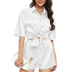 SWOMOG Womens Silk Pjs 2 Piece Satin Pajama Sets Short Sleeve Loungewear Button Down Shirts Lounge Set Outfits With Pockets A-white