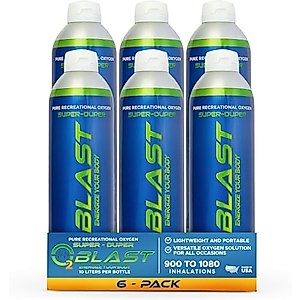 O2 Blast Oxygen Cans, 10 Liter 6 Pack Pure Oxygen Canisters with Sanitary Flip Top Cap, Portable Supplemental Oxygen for Breathing & High Altitude, Reduce Recovery Time & Increase Oxygen Levels.