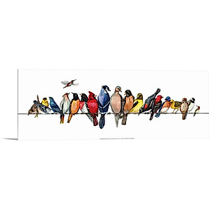 GREATBIGCANVAS Large Bird Menagerie Metal Wall Art Print, Bird Home Decor Artwork, 36"x12"
